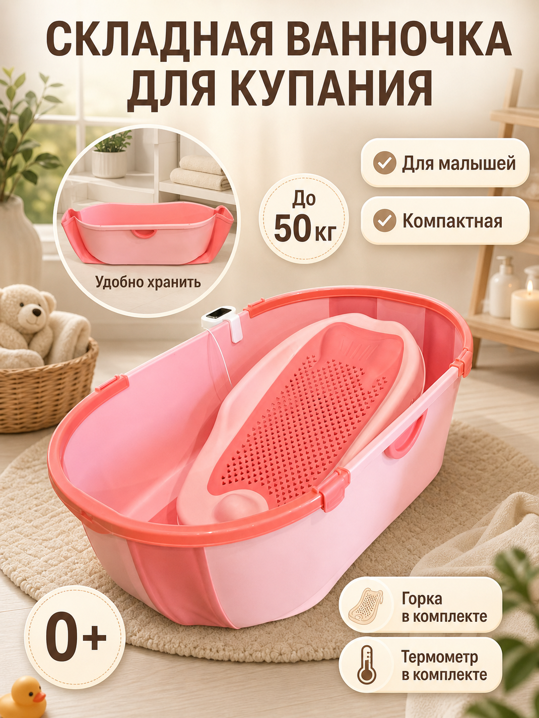 Большая детская ванночка (купель) для купания новорожденных и малышей, складная, красная, с термометром, 78х46х23 см
