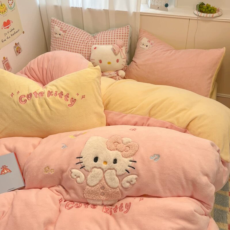 Комплект постельного белья Girly KT Cat из молочного вельвета, четыре предмета, осенне-зимний, из толстого кораллового