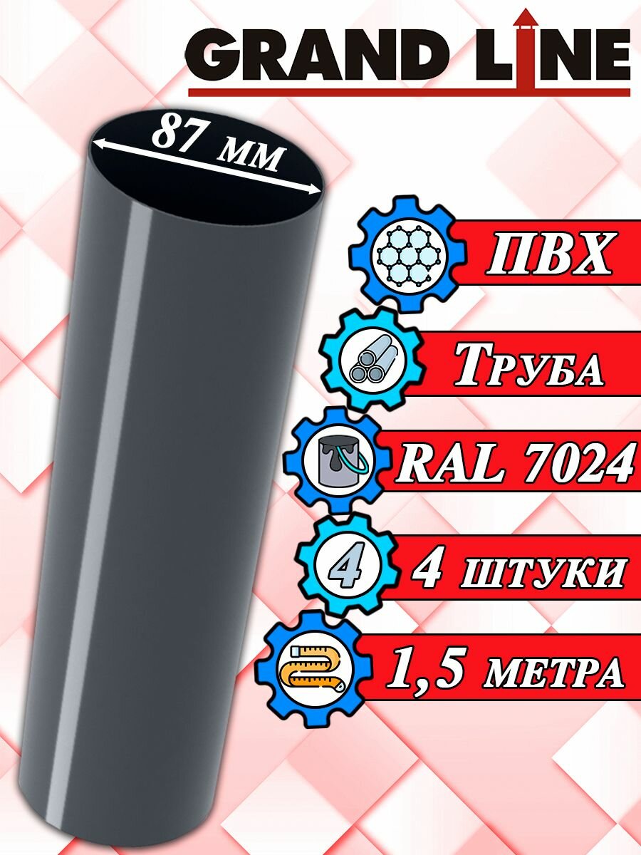 Труба 1,5 м 4 штуки Grand Line ПВХ графит RAL 7024 соединительная для водосточной системы Гранд Лайн (120/90 ) комплект элементов водостока для крыши