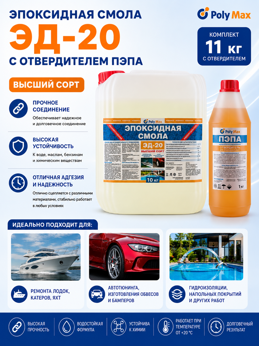 Эпоксидная смола ЭД-20(10 кг.) в комплекте с отвердителем пэпа (1 кг.)