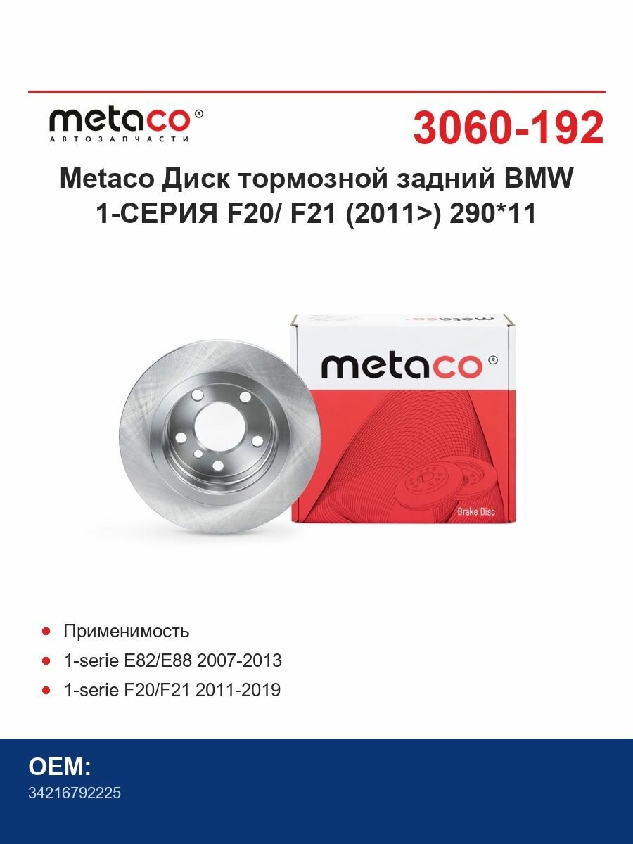 Metaco Диски тормозные задний BMW 1-СЕРИЯ F20/ F21 (2011>) 290*11