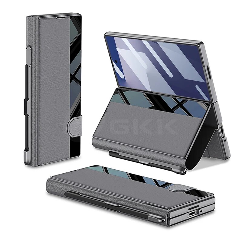 Роскошный кожаный складной чехол-держатель для Samsung Galaxy Z Серый, With Capacitive Pen, Grey