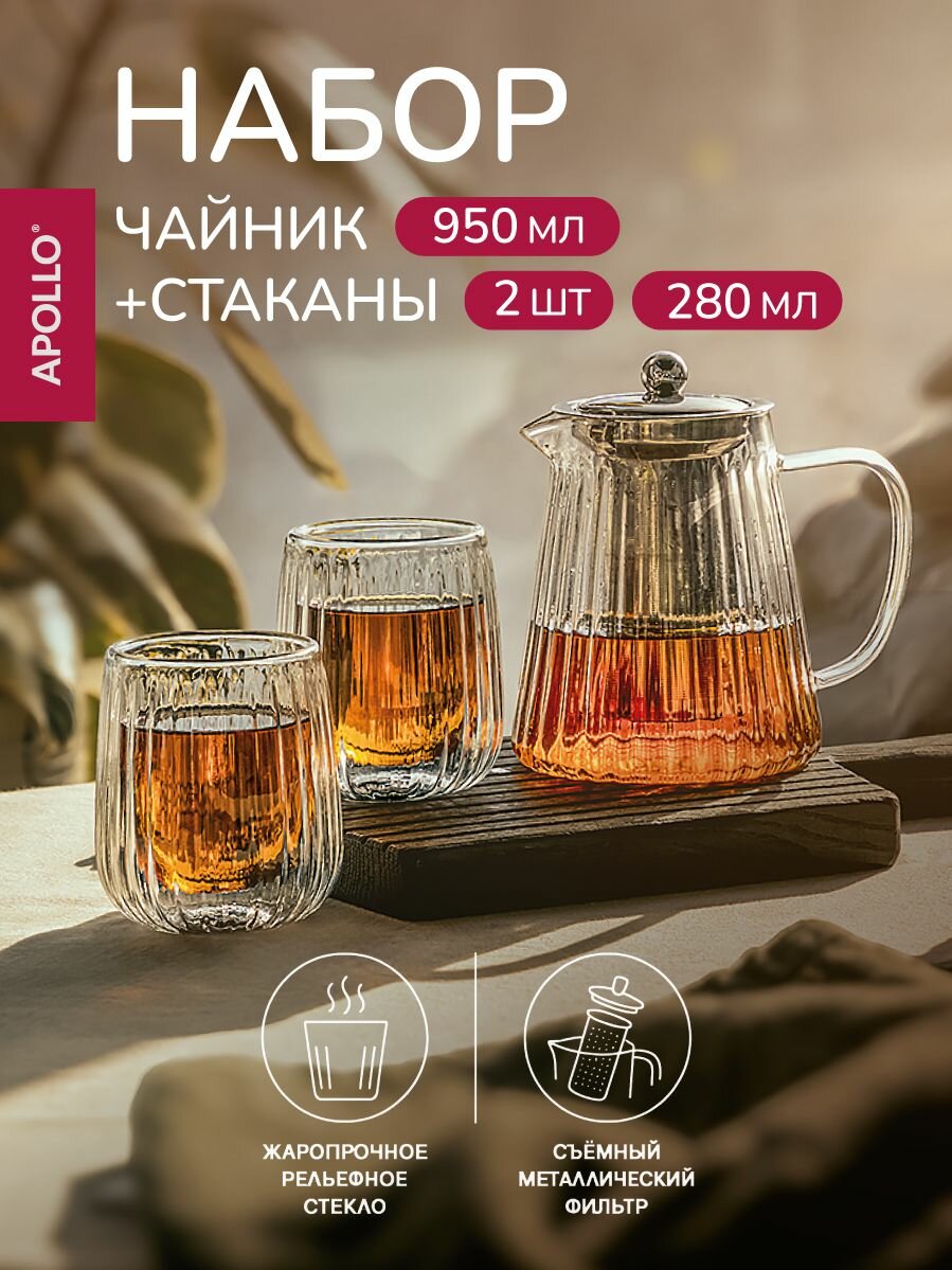 Чайник заварочный 950 мл, стаканы с двойными стенками 280 мл APOLLO "Costolette"