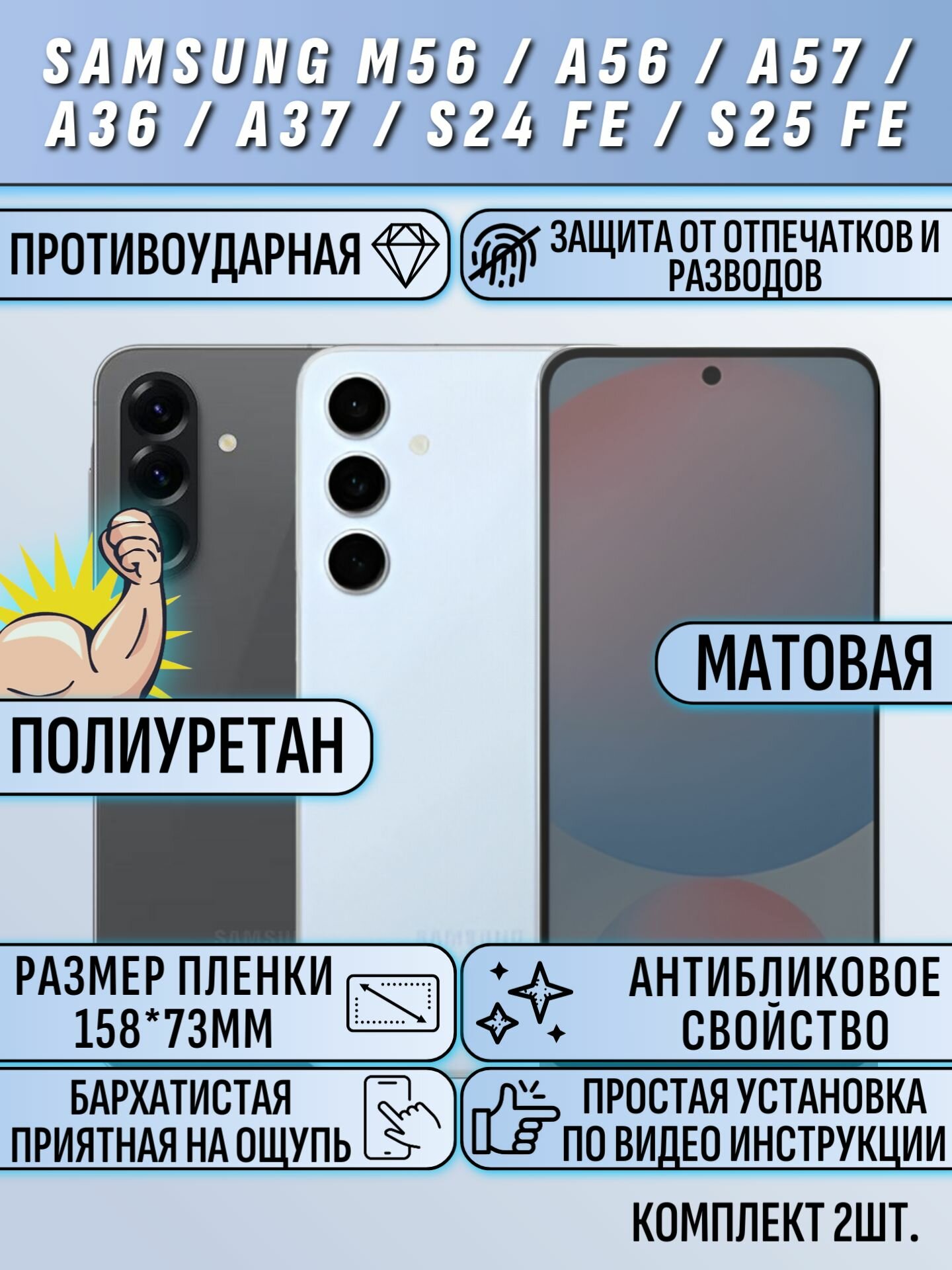 Гидрогелевая пленка Samsung S25 FE / S24 FE / A56 / A36 / M56 / самсунг S25 FE /S24 FE / A56 / A36 / М56 матовая 2шт