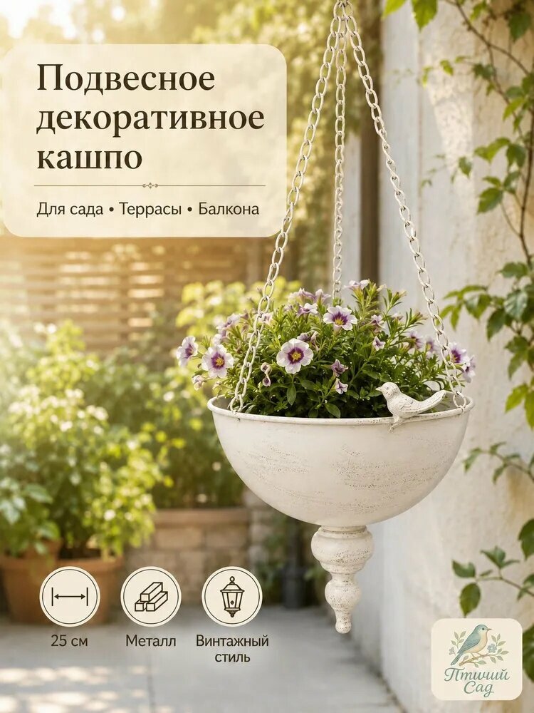Птичий Сад Левитирующий горшок 4 л, 70 см, 1 шт, цвет белый