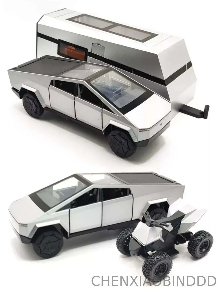 Игрушечная машинка Tesla Cybertruck с прицепом, серебристого цвета, металл, масштаб 1:10, для детей от 3 до 5 лет