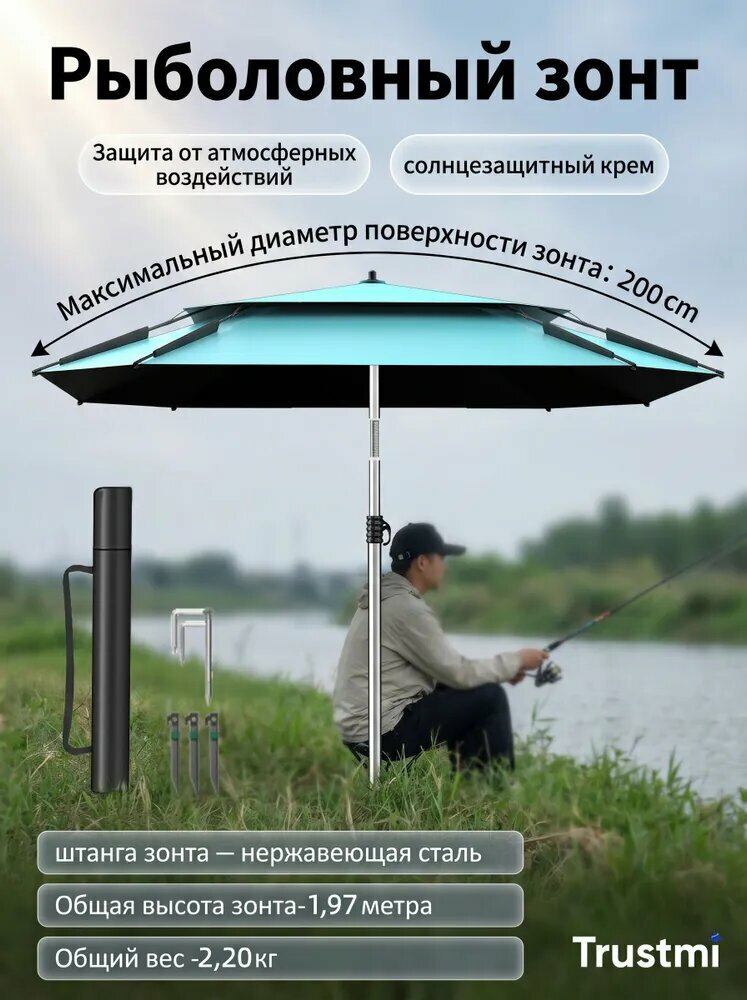 Пляжный прямой квадратный зонт-трость, синий, 2 м, армированный, для туризма и пляжа