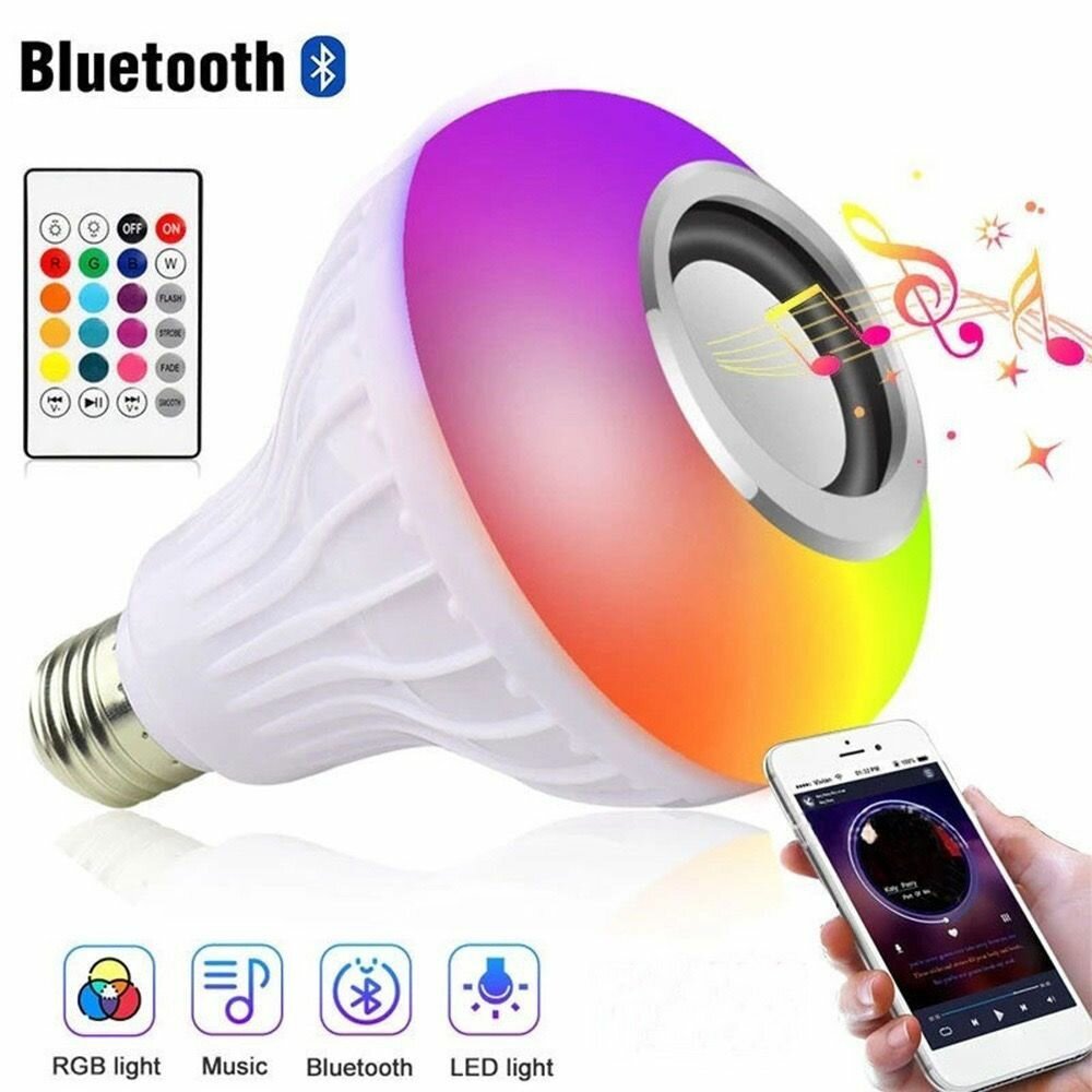 Умная светодиодная лампочка RGB со встроенной колонкой и пультом, Светильник разноцветный, музыкальный, диско шар разноцветный, энергосберегающая с блютузом