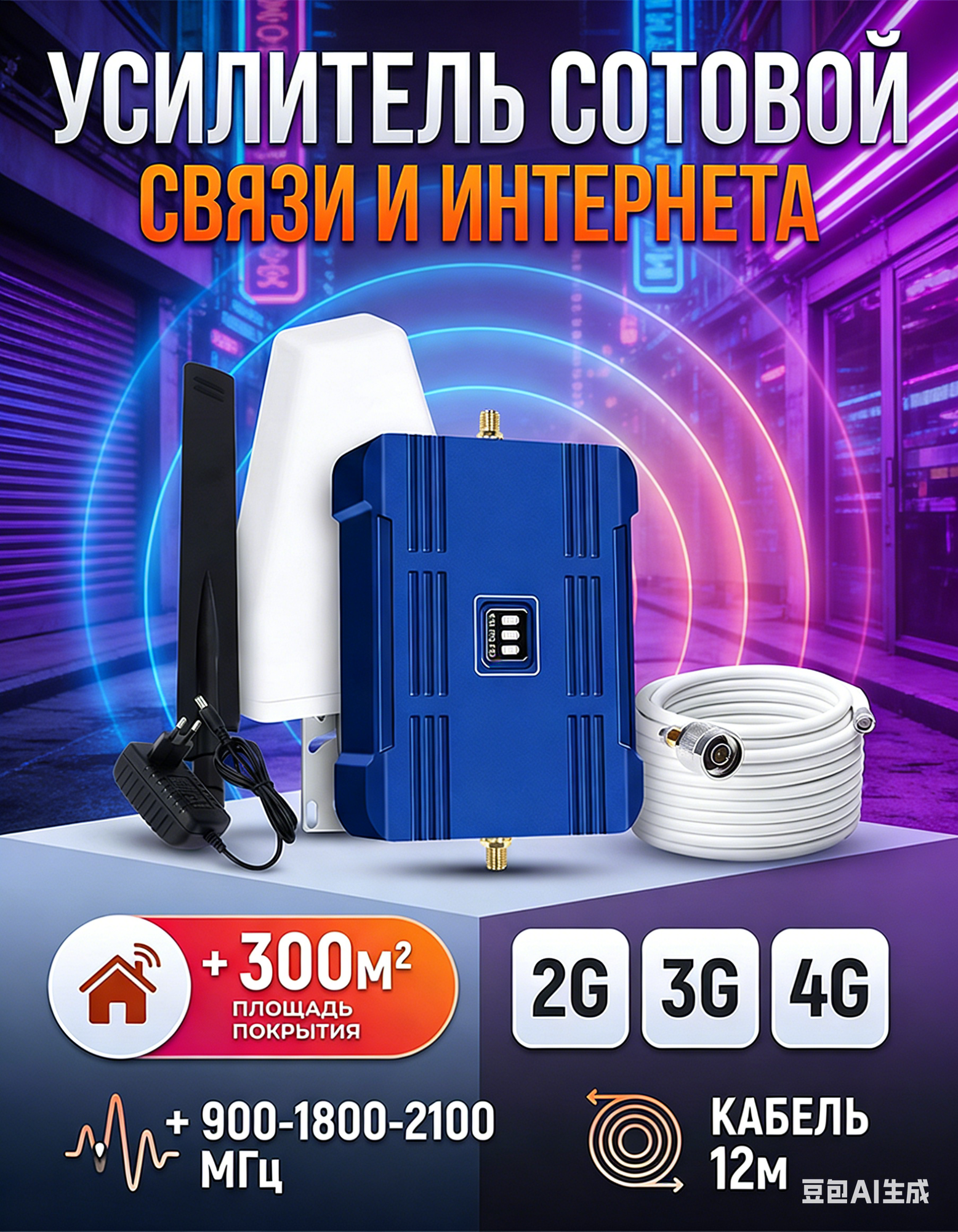 Усилитель сотовой связи 900/1800/2100 МГц (2G/3G/4G): до 70 км, направленный, синий, 1.3 кг