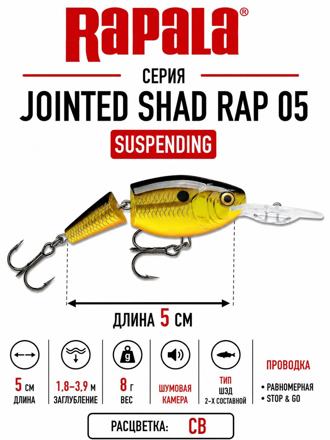 Воблер RAPALA Jointed Shad Rap 05 CB суспендер 1,8-3,9м, 5см, 8гр ++