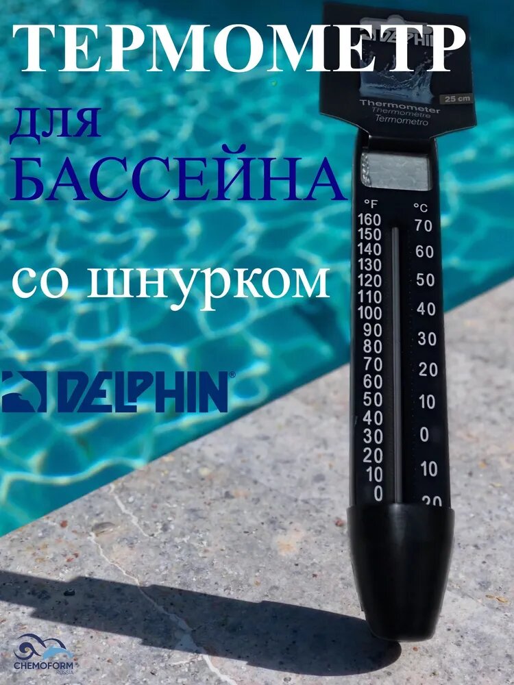 Термометр для бассейна со шнурком, черный, Chemoform / DELPHIN