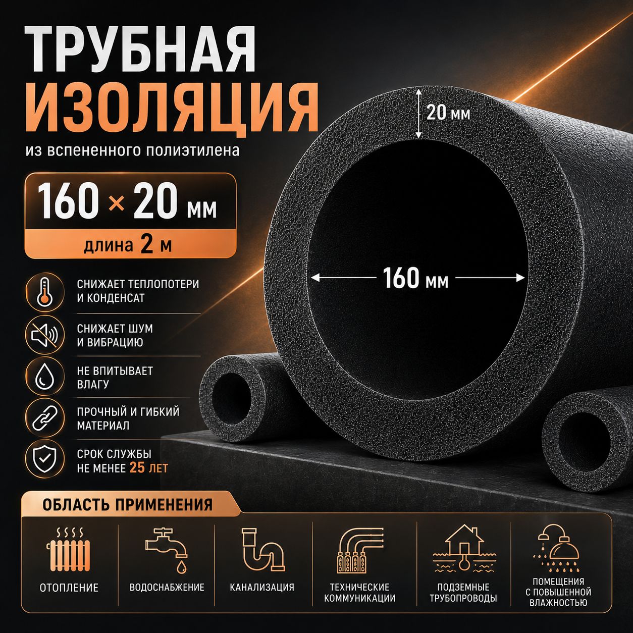 Трубная изоляция 160/20 мм, 2 м, утеплитель для труб ППЭ, теплоизоляция трубопроводов