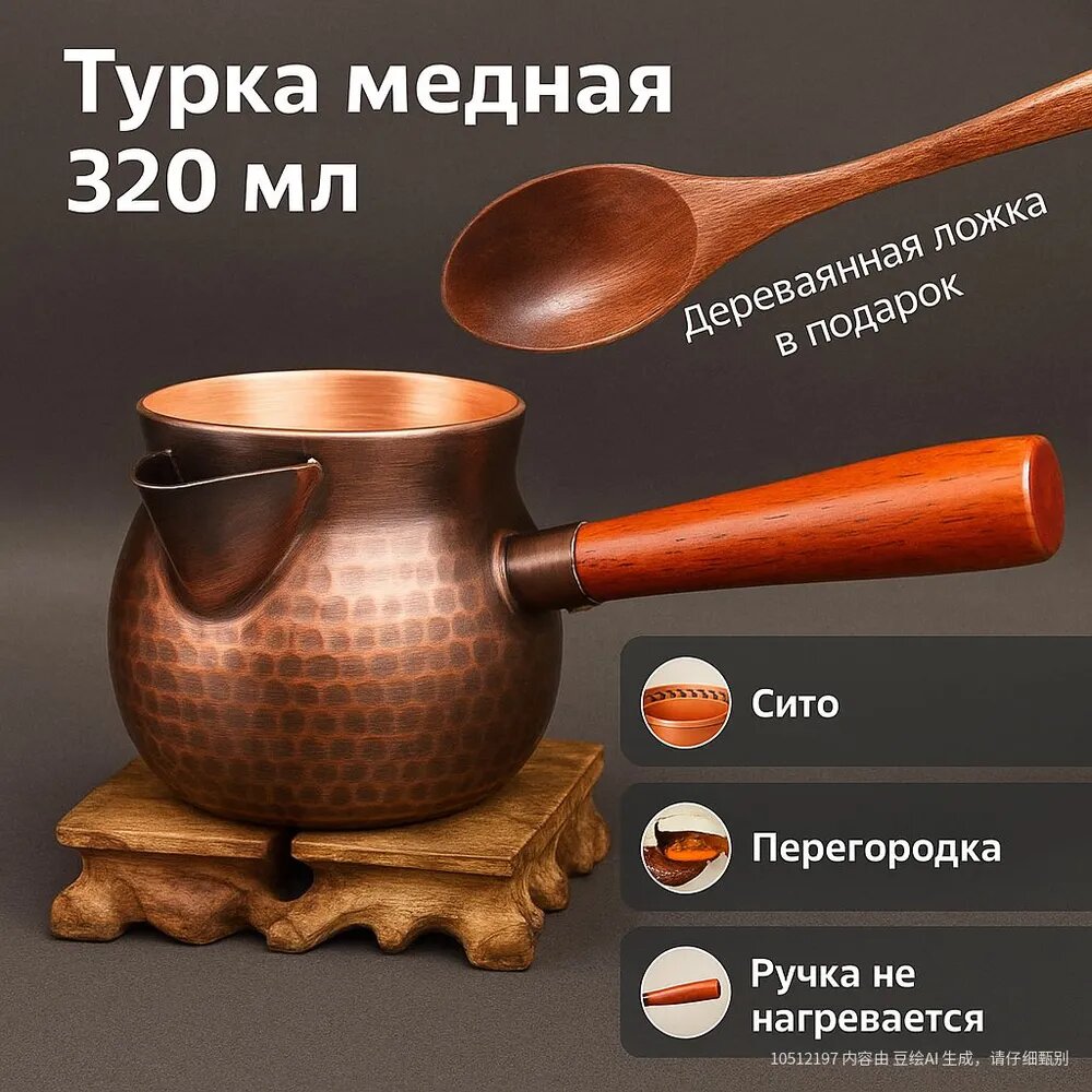 Турка медная для кофе и чая с деревянной ручкой, 320 мл