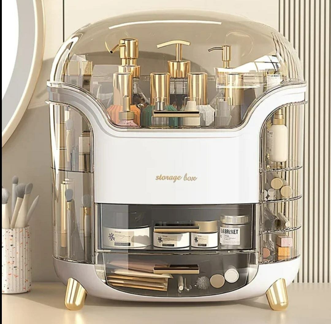 Органайзер для косметики, большой, настольный, прозрачный, с крышкой