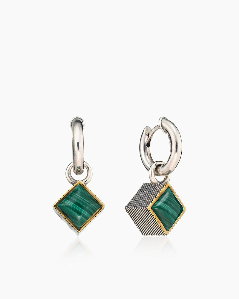 Серьги, серебро, 925 проба, чернение, золочение, малахит