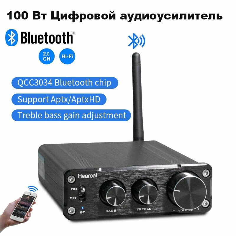 Мини Bluetooth 5,0 TPA3116 цифровой усилитель HiFi 2,0Канал 100 Вт, QCC3034 поддерживает APTX/AAC/APTX-LL/LDAC