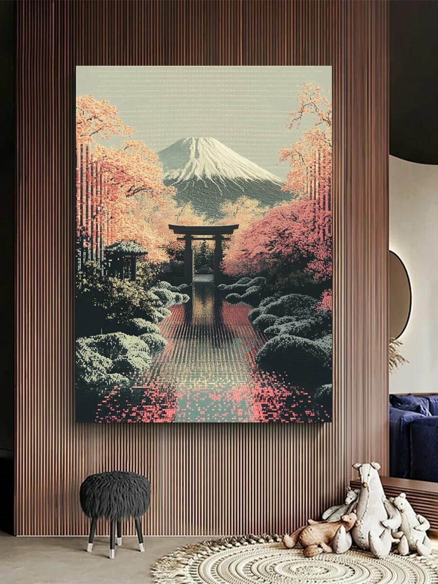 Картина на стену для интерьера - "Пейзаж в японском стиле / гора Фудзи и сакура" , 20х30 см.