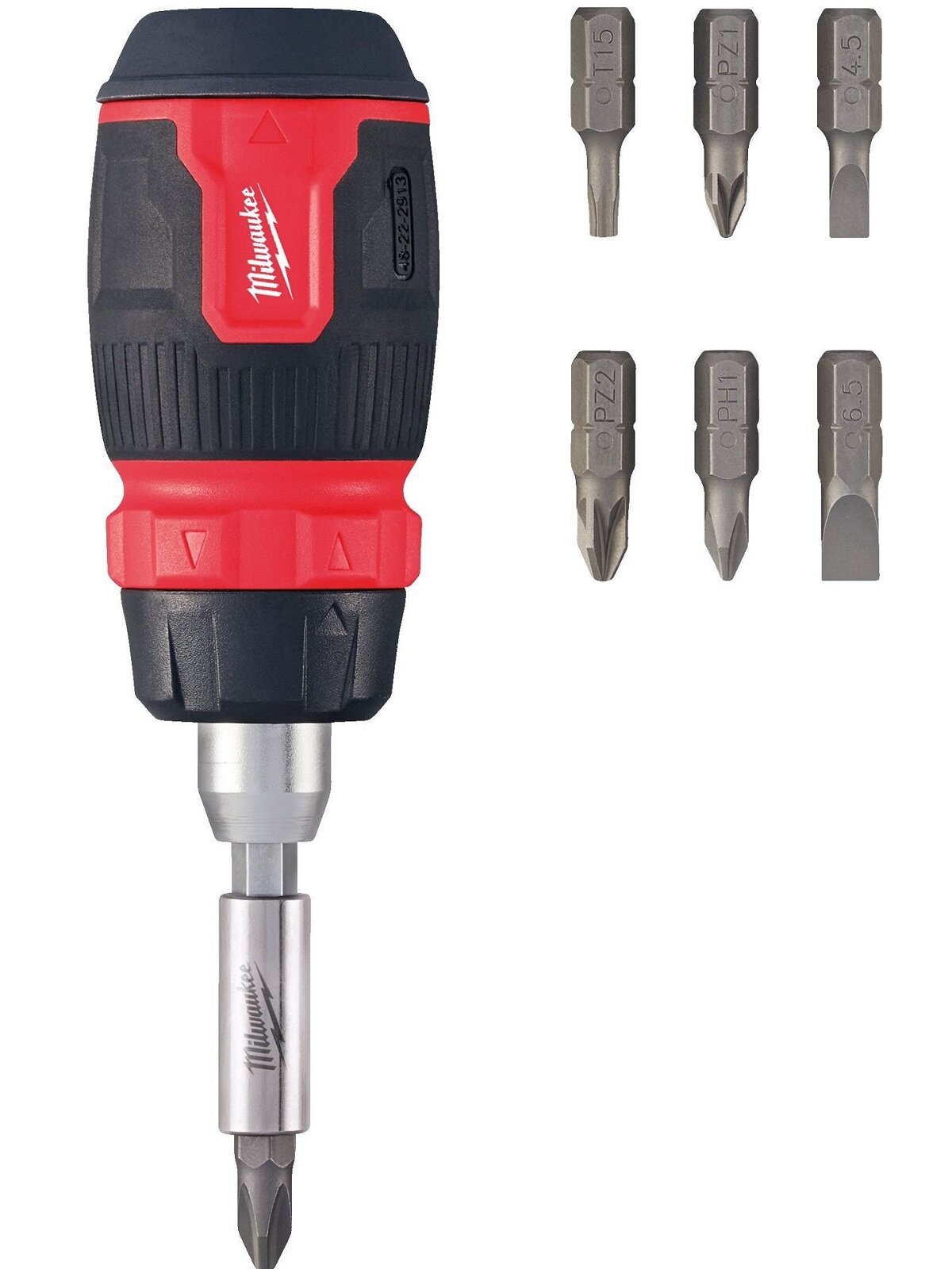 Отвертка с трещоткой Milwaukee с битами PH1/PH2/PZ1/PZ2/T15/SL0,6x4,5/SL1,2x6,5 (4932480581)