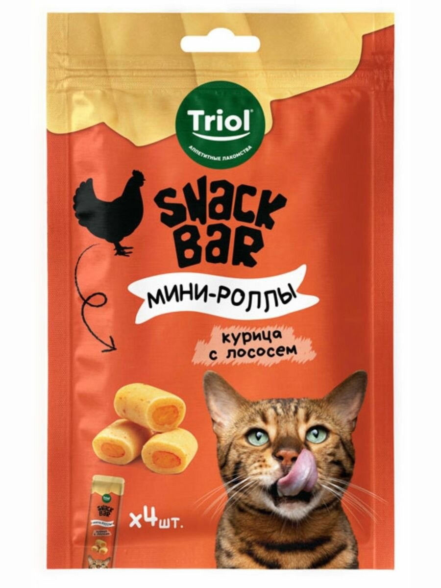 Лакомства для кошек мягкое Мини-роллы с начинкой из курицы c лососем Triol SNACK BAR, 40 гр.