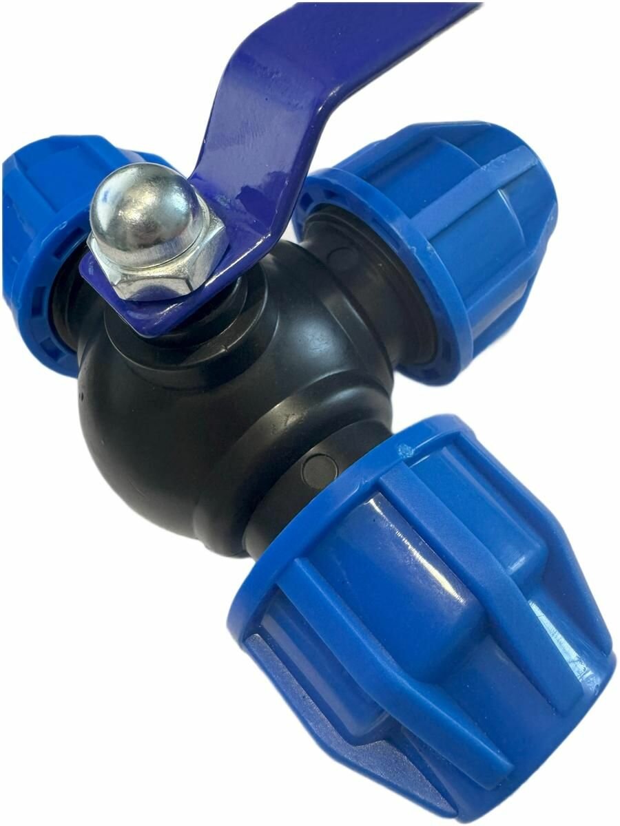 Трехходовой шаровой кран ПНД 25 мм для воды с металлической ручкой-рычагом