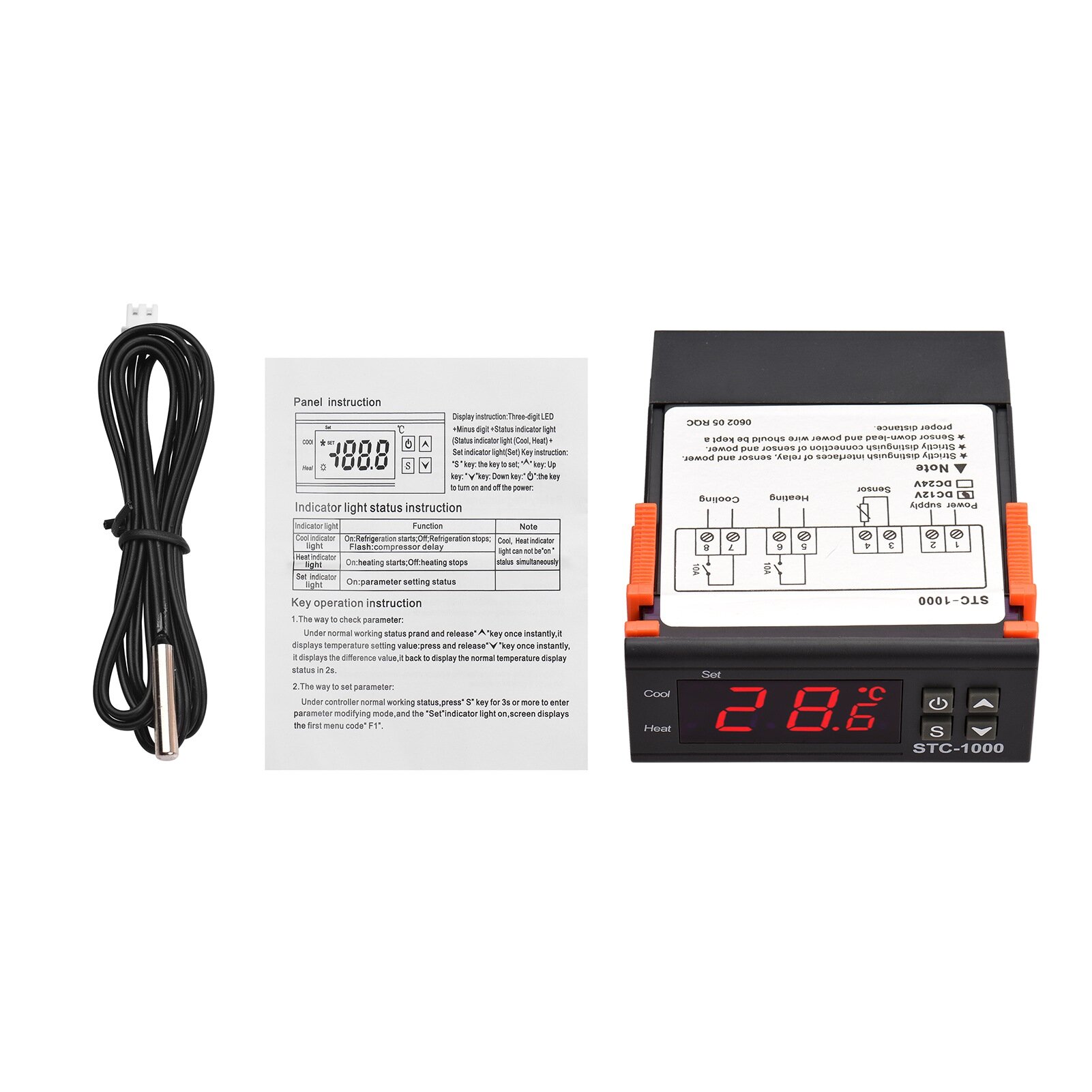Цифровой регулятор температуры STC-1000 Интеллектуальный регулятор температуры DC 12 В Термостат для холодильника Поддержка нагрева/охлаждения/коррекции температуры/отложенного запуска/сигнализации высокой или низкой температуры