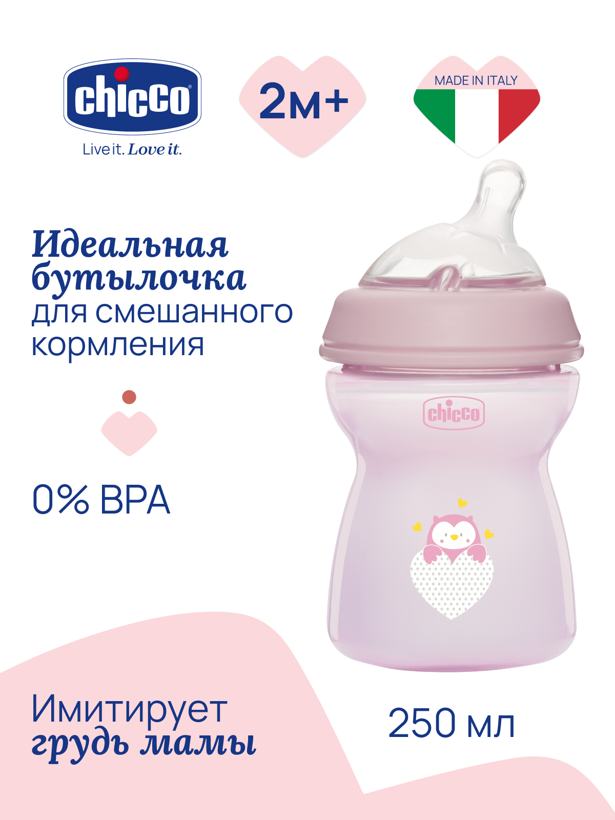 Chicco бутылочка для новорожденных Natural Feeling 250 мл розовая 2м+