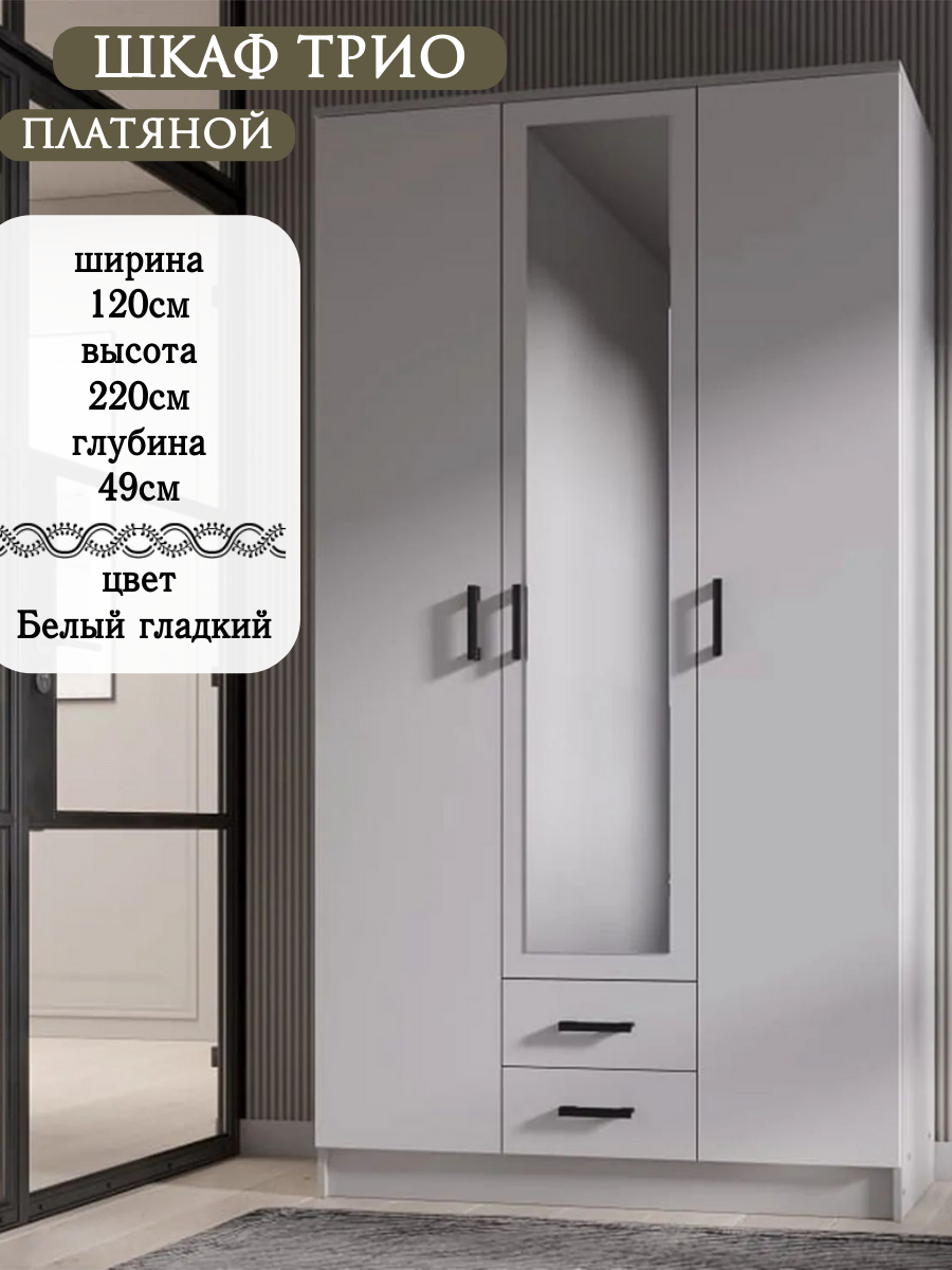 Шкаф для одежды распашной с зеркалом, ширина 120 см, Трио, цвет белый гладкий, матовый, 120х49х220 см, ЛДСП