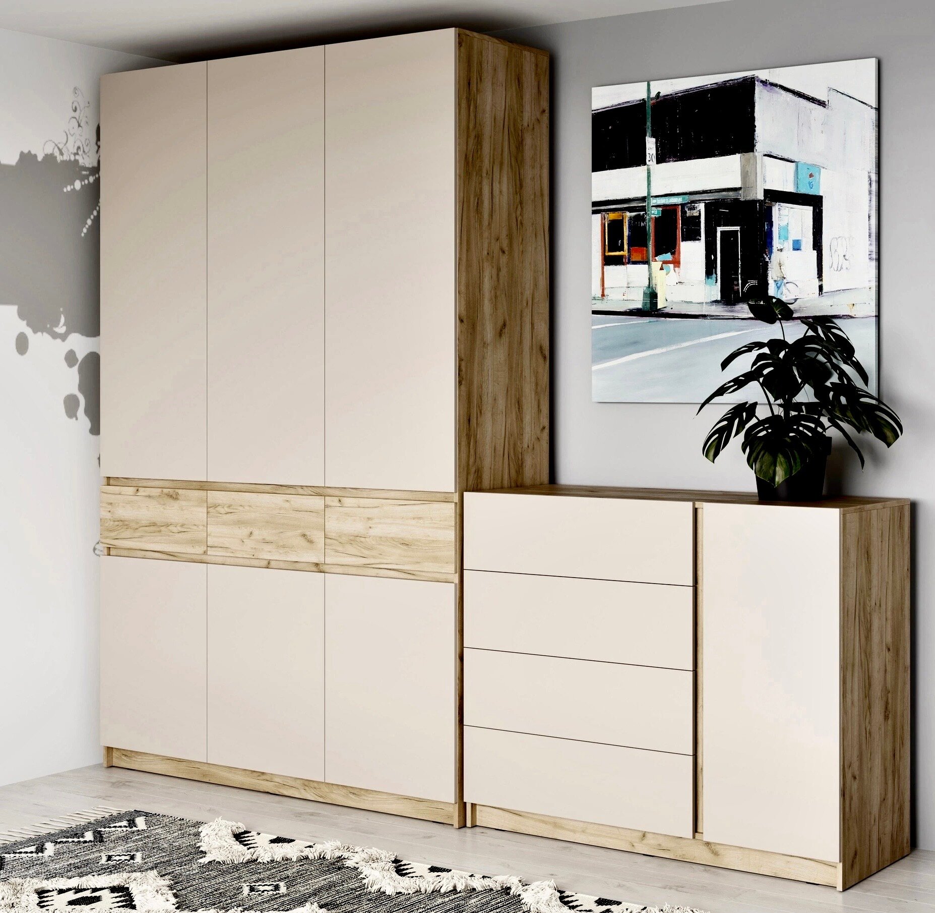 Комплект Бостон. Шкаф 1.5 метра + Комод 1.2 метра. Дуб серый/Кашемир