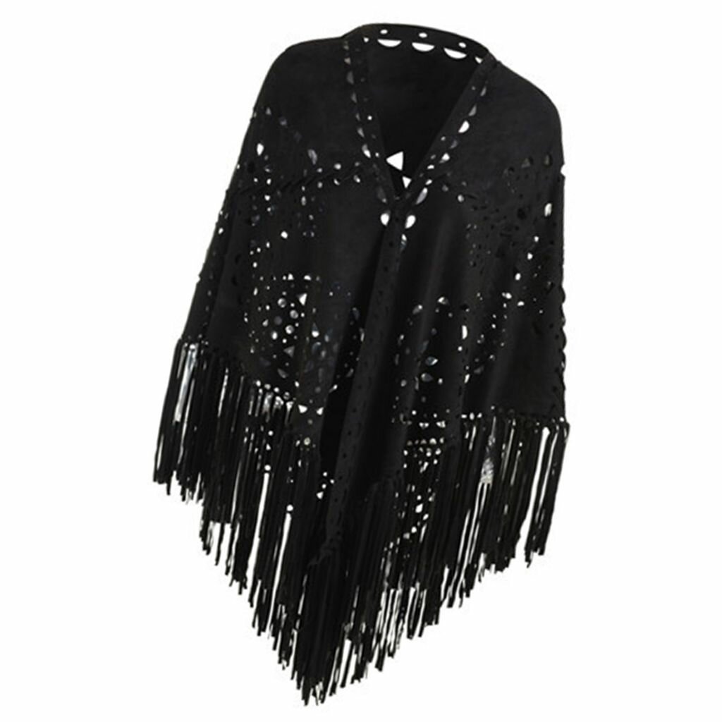 (1 штука) Замшевый плащ-накидка с полым шарфом-кисточкой-черный