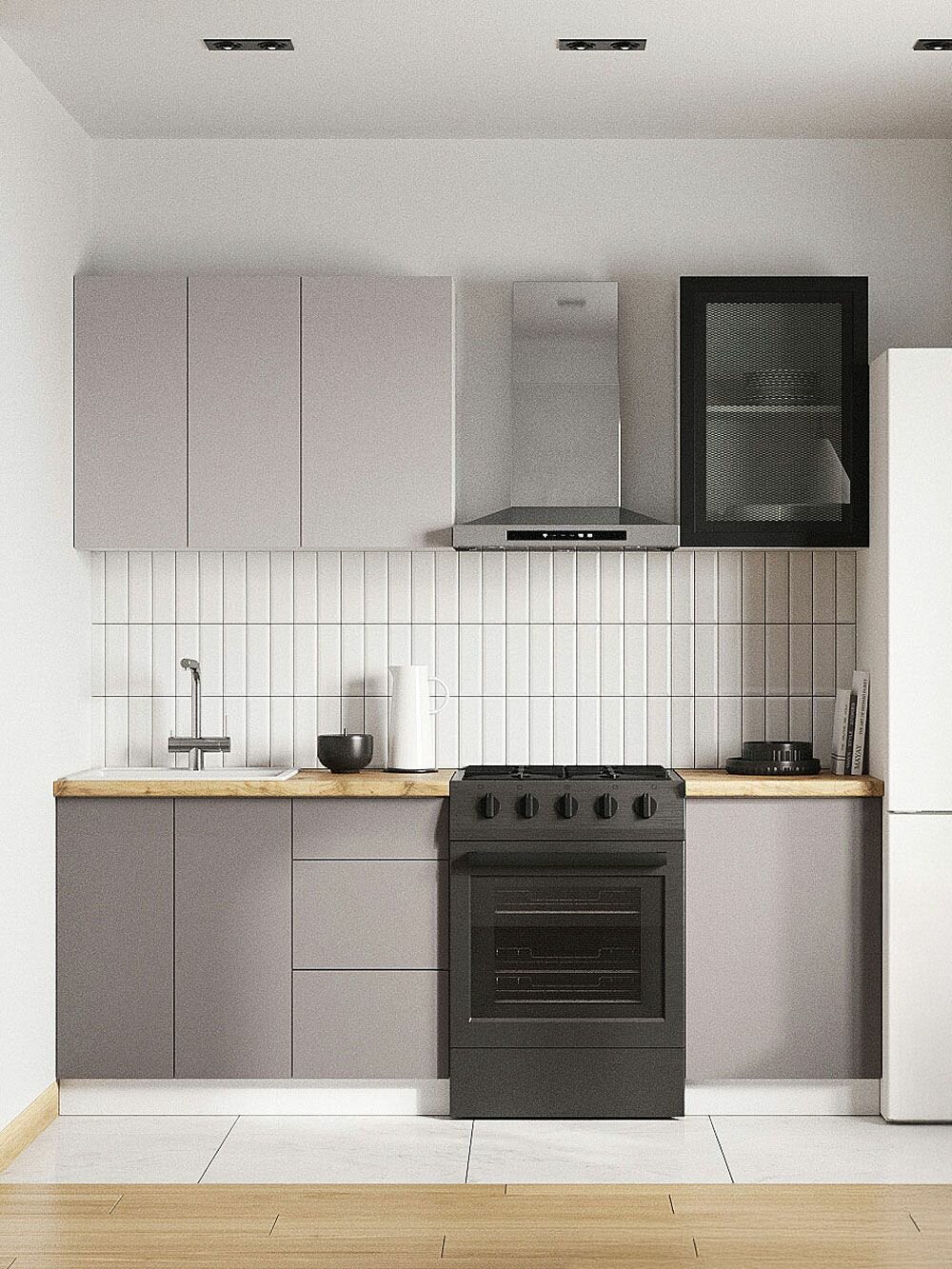 Кухонный гарнитур Тандем 1.5 м, мебель для дома и кухни, Белый / Черный матовый / Грей