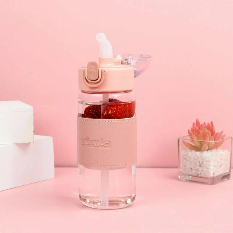 Большая стеклянная бутылка для воды с трубочкой 480 мл, 480ML, Голубой