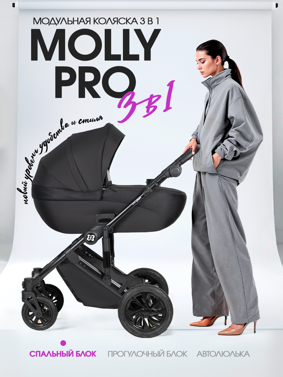 Коляска для новорожденных 3 в 1 Farfello Molly Pro, MP-2, черный