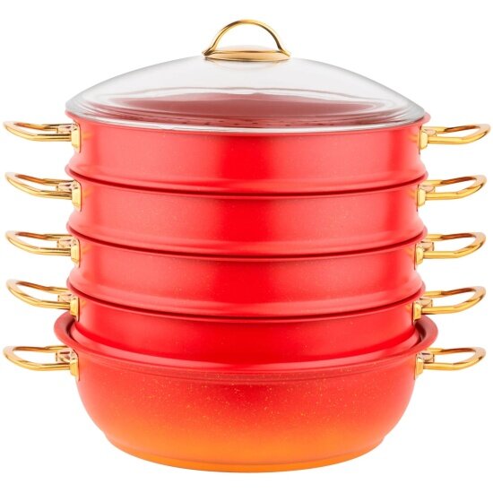 Мантоварка с крышкой стеклянной Dlk 28х10 см (5,8 л) с АПП, цвет: красный/золотой, арт. 4000-RD/GD-28.