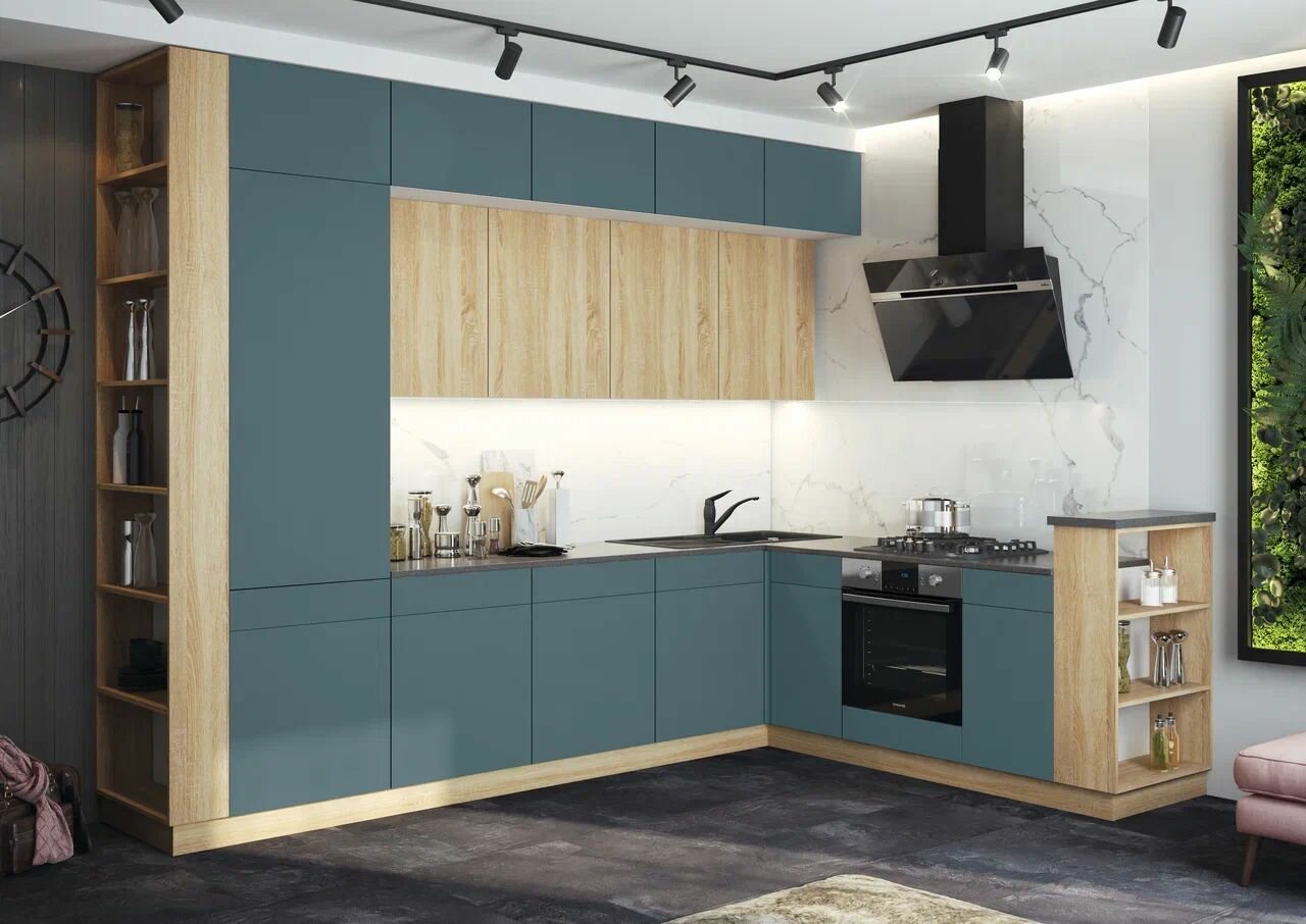 Кухня Техно-5 3,2*2,24м Сонома/Браш Блю, корпус Белый (Кастилло темный)