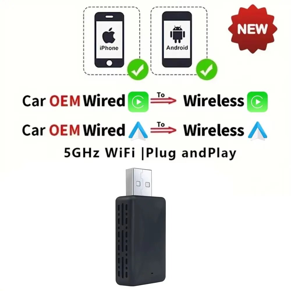Беспроводной адаптер CarPlay 2-в-1 и беспроводной адаптер Android Mini Auto, Wi-Fi 5 ГГц, разъемы Type-C/USB, подключение и использование без установки драйверов.