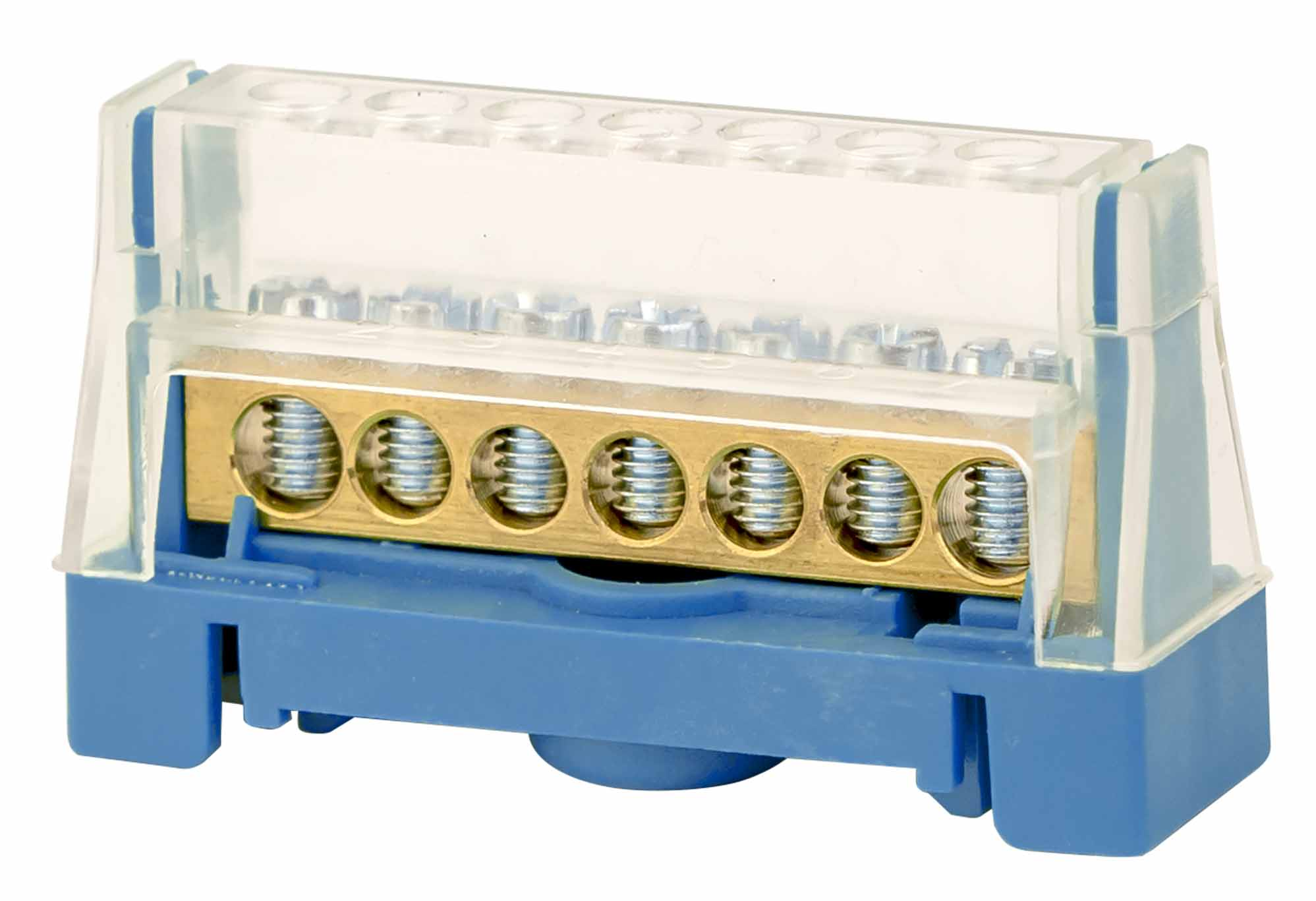 Распределительный блок DKC / ДКС, крепеж на DIN-рейку, шина латунная в корпусе, синяя / кросс модуль