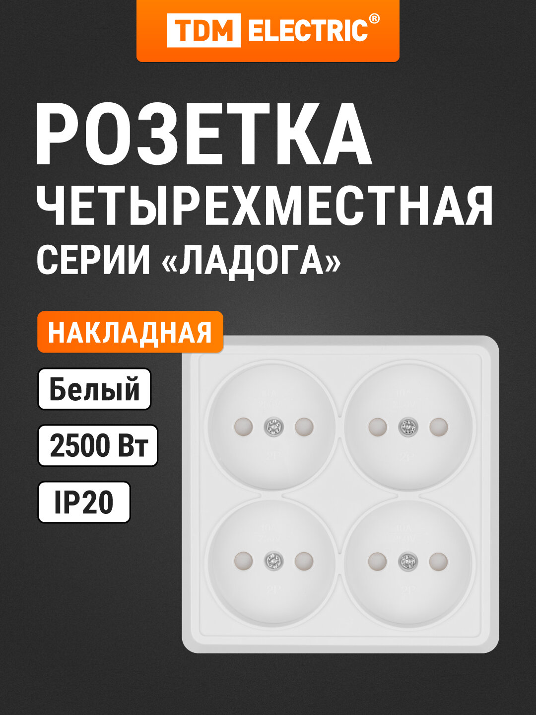 Розетка четырехместная 2П открытой установки IP20 10A с защитными шторками белая "Ладога" TDM