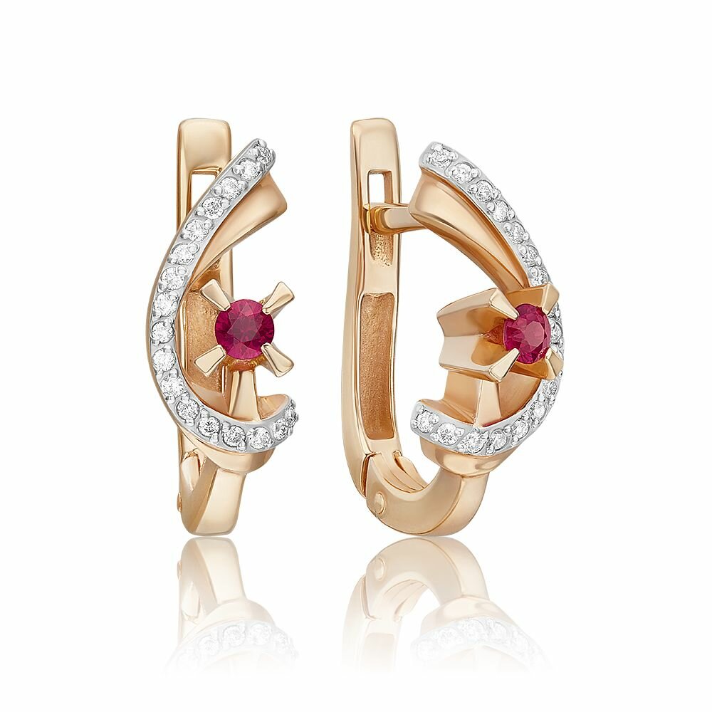 Серьги, красное золото, 585 проба, рубин, бриллиант