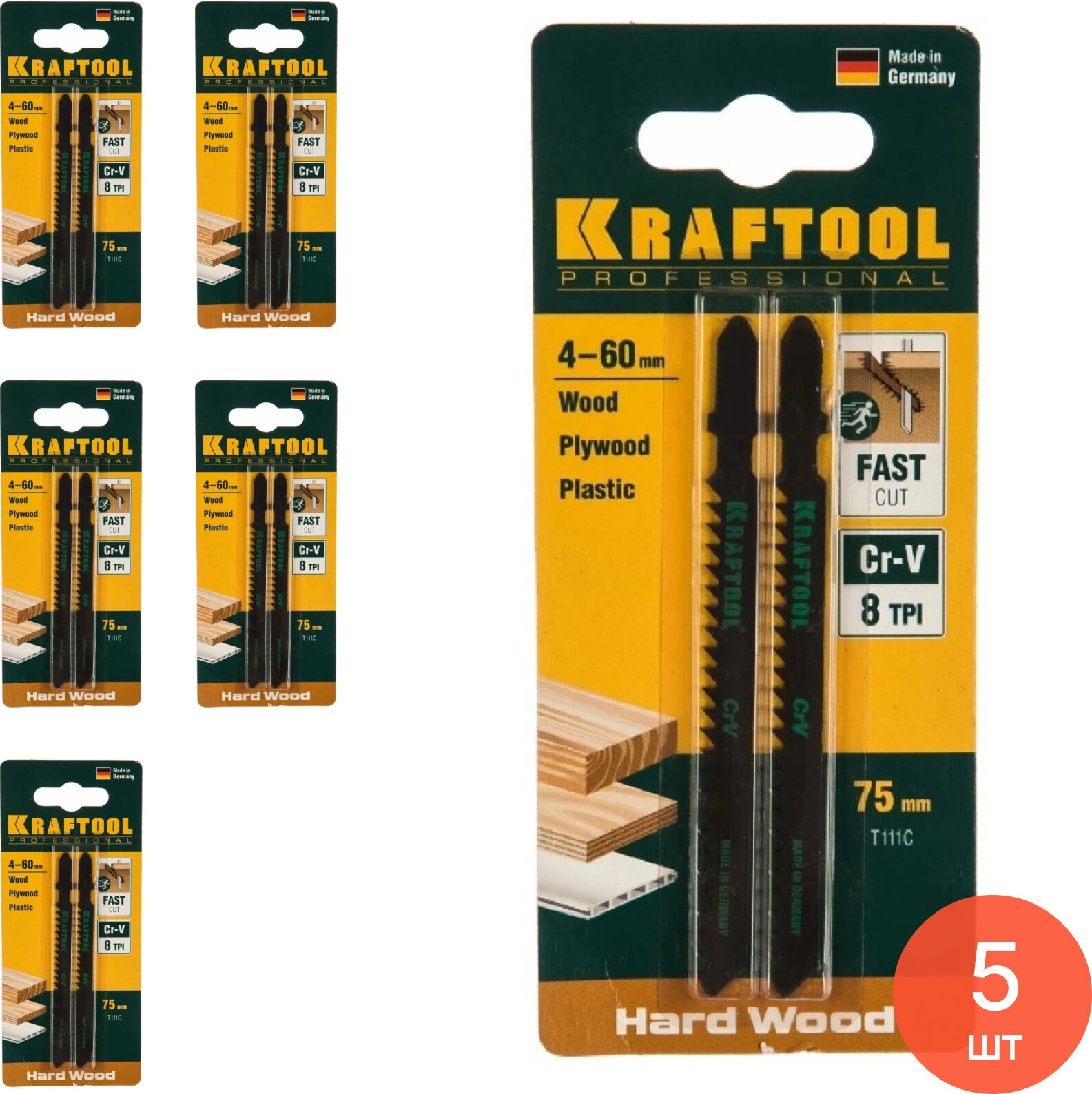 Пилка для лобзика KRAFTOOL / Крафтул T111C по дереву, быстрый рез, Т-образный хвостовик, из хромованадиевой стали, рабочая длина 75мм, 2шт. / оснастка (комплект из 5 шт)
