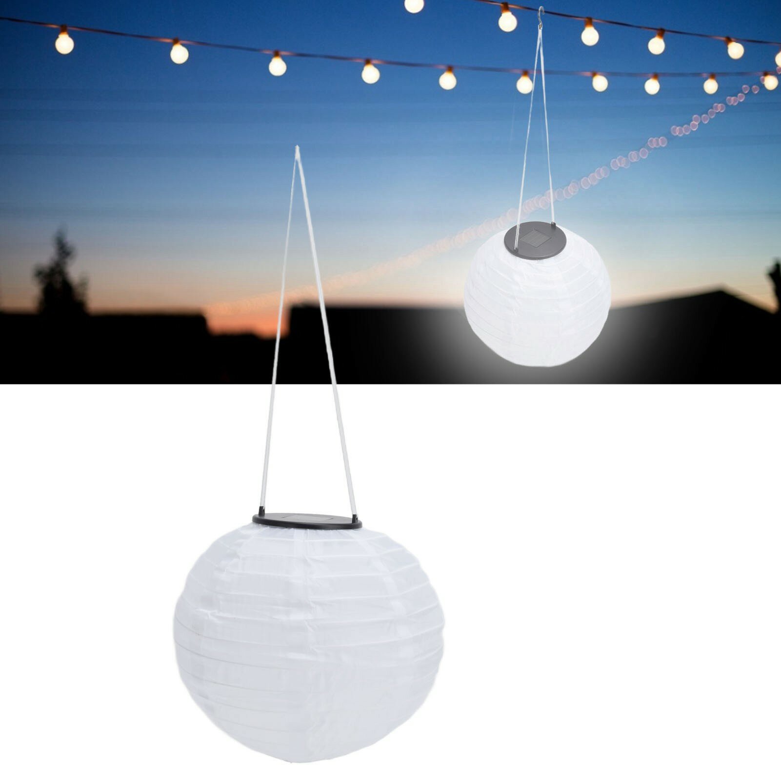 Аккумуляторная лампа-фонарь с солнечной панелью LED, водонепроницаемая, из нейлона, для улицы, свадьбы, вечеринки, сада, с крюком для подвешивания, белый свет, яркость 2 лм, диаметр 20 см, материал нейлон + ABS, вес 75 г, батарейка AA никелевая 300 мАч