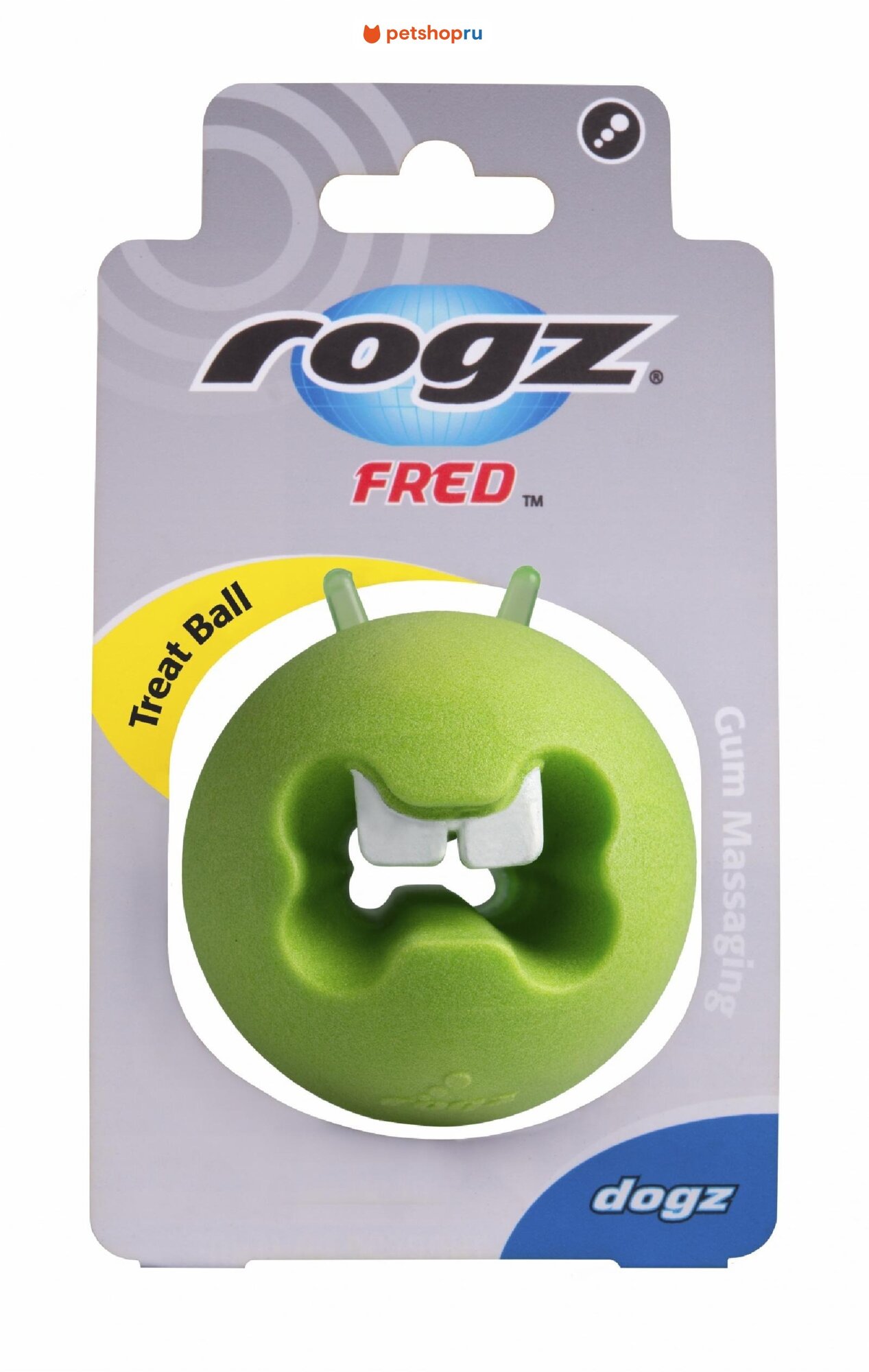 Rogz Игрушка с отверстиями для лакомств и массажными насечками FRED средняя, лайм (FRED TREAT BALL)