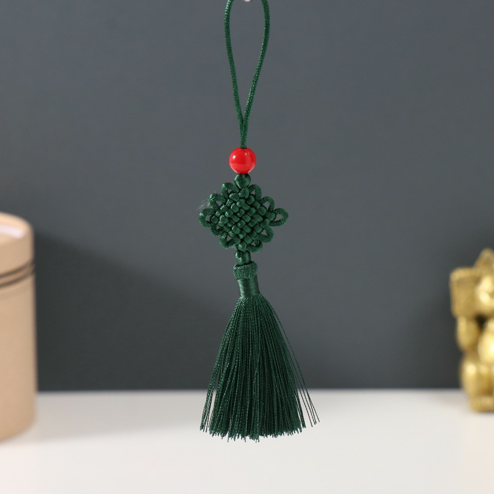 Подвеска текстиль, пластик "Узел счастья и бесконечности", тёмно-зелёная, 8.5 см, 10 шт.