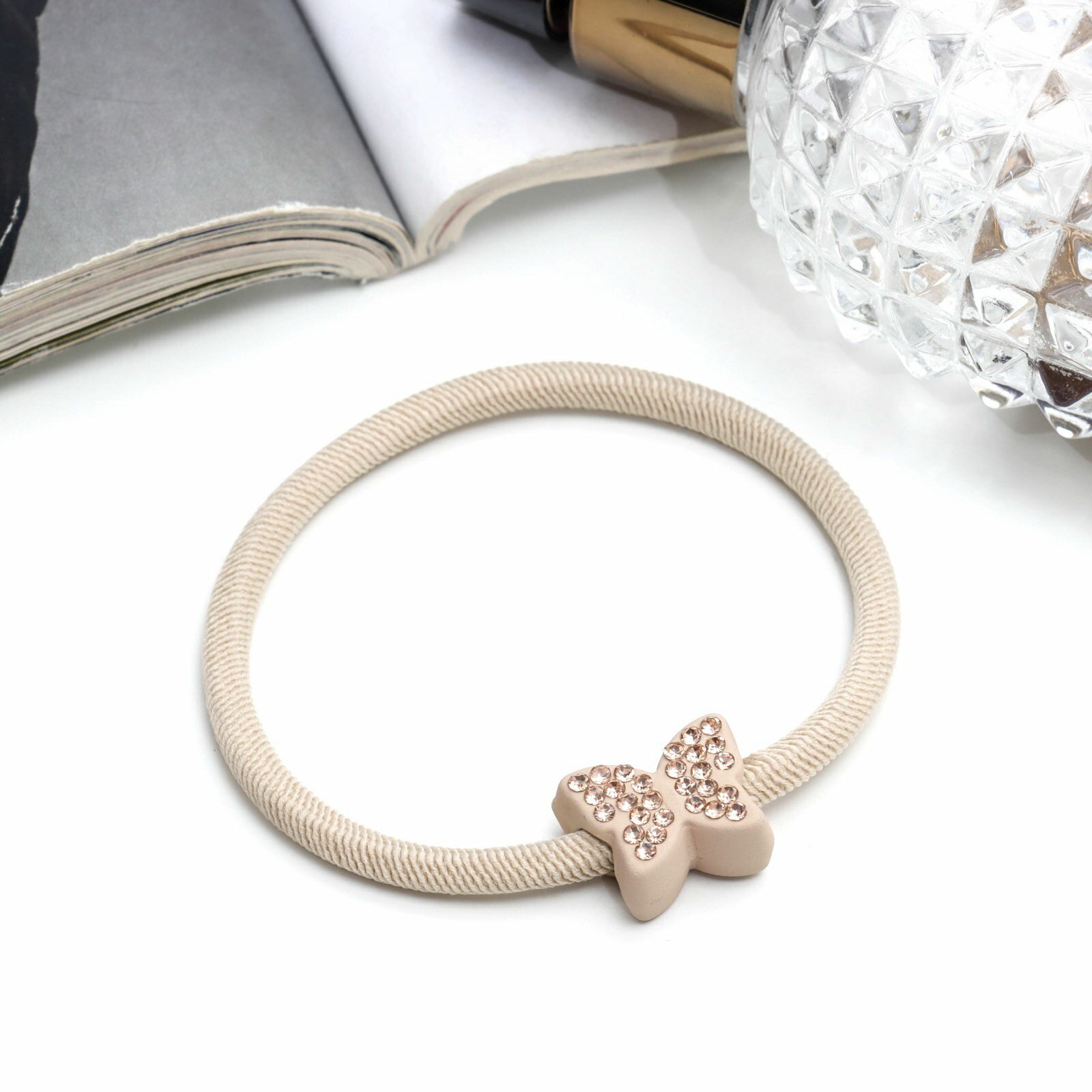 Резинка для волос "Бирсен", бабочка, 5 см, бежевый, вид резинки: декорированная, 12 шт.