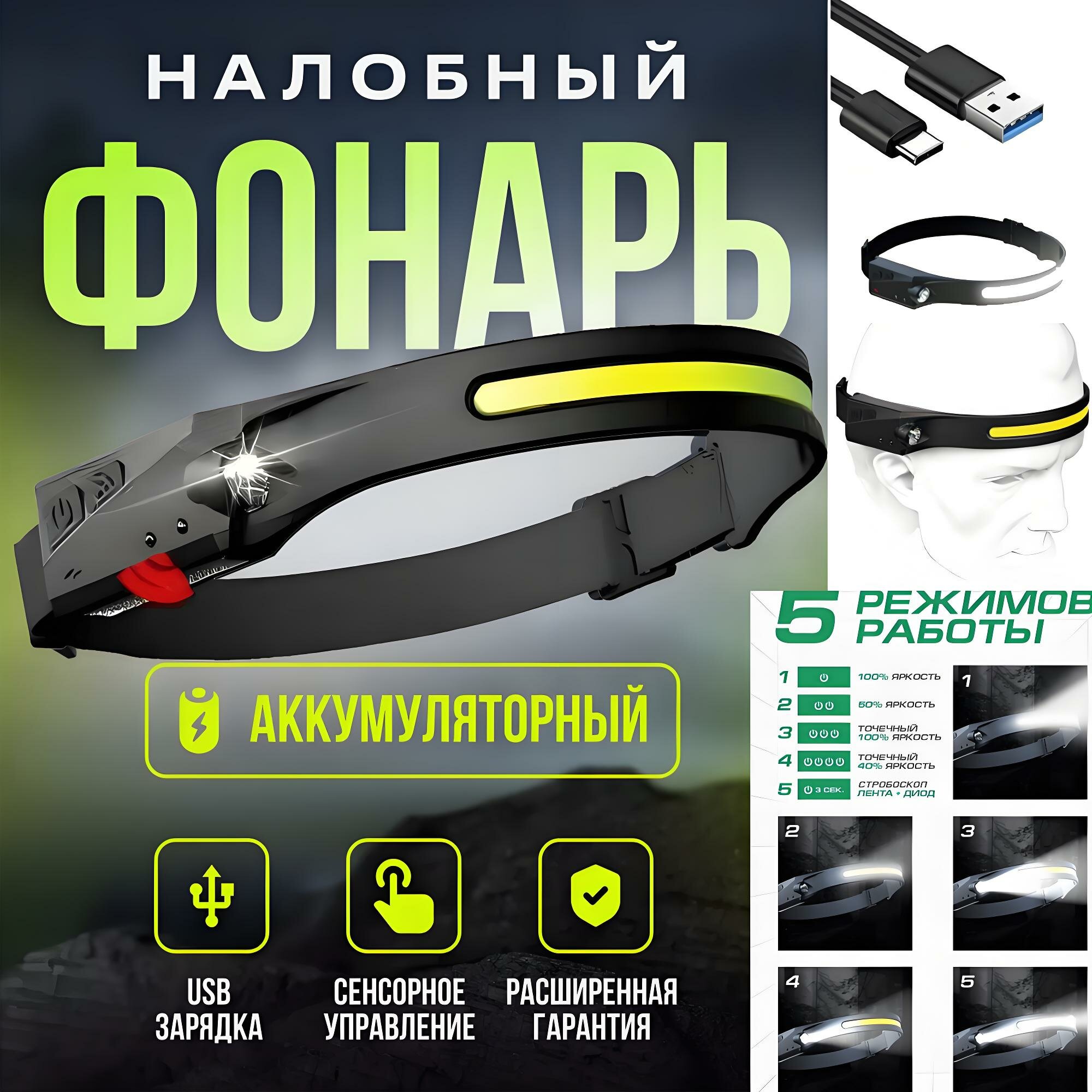 Фонарик налобный на аккумуляторе светодиодный(Водонепроницаемый, датчик движение, зарядка USB)Импортируемые товары