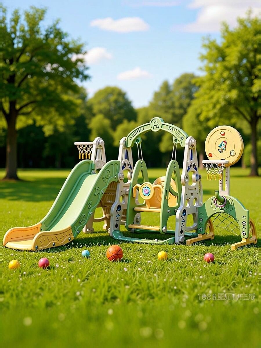 Детская горка, качели, баскетбольные кольца и бассейн с мячами