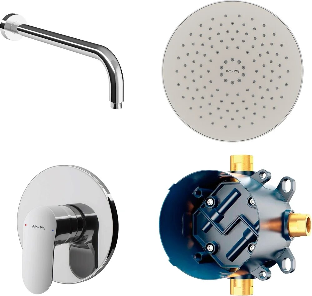 Душевой комплект AM.PM Like 1 4 в 1, встраиваемый, с внутренней частью в комплекте, со смесителем, с тропическим душем, хром, глянцевый, душевая система