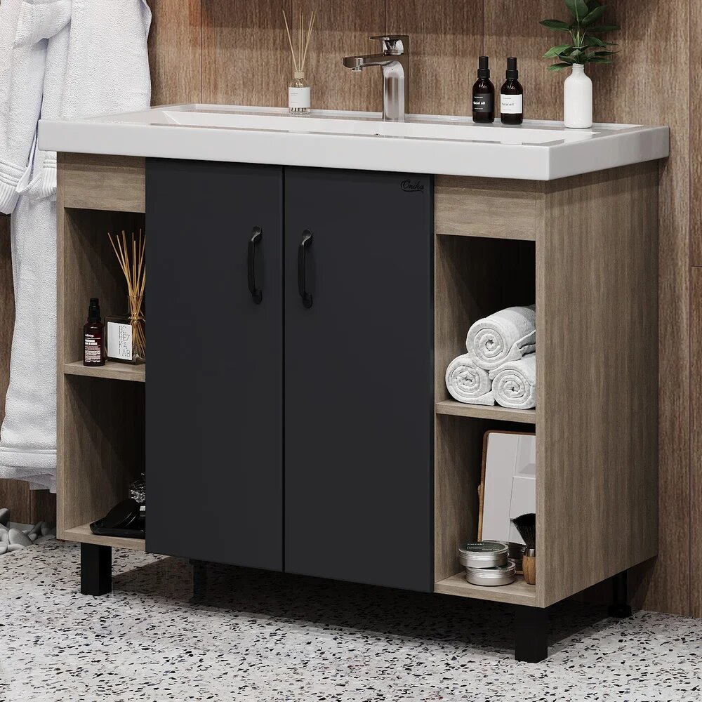 Тумба под раковину без столешницы Onika Тимбер напольная, серая, светлое дерево, матовая, из МДФ, тумба для ванной, с дверками