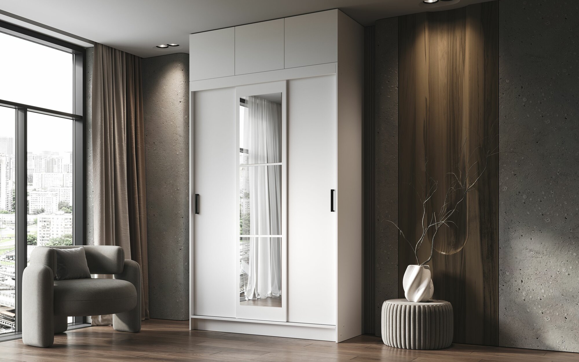 Шкаф-купе Бруно 6 Белый гладкий с антресолью и зеркалом ЛДСП ширина 131 см с полками в спальню и гостиную напольный 2 штанги