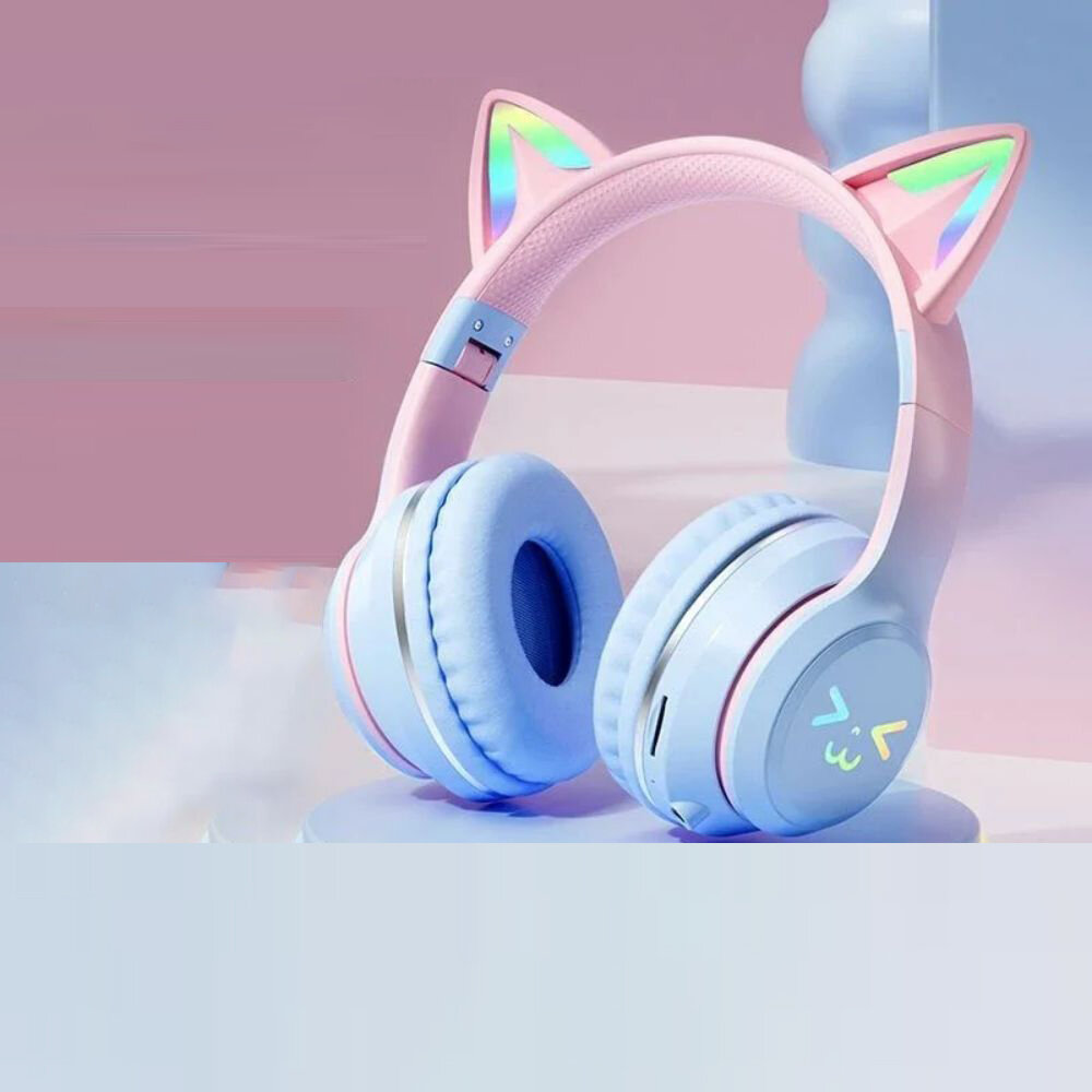 Беспроводные наушники RGB с милым котом, подарочные наушники для девочек и детей с микрофоном, стереонаушники для игр, управление подсветкой