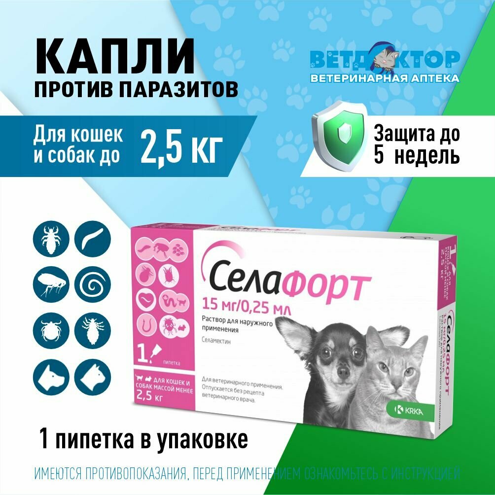 Капли Селафорт 15 мг для кошек и собак до 2,5 кг, пипетка 0,25 мл